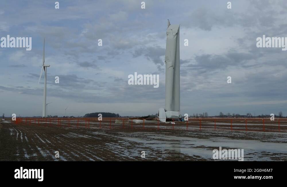 Wind energy farm turbine destroyed and collapsed from structural ...