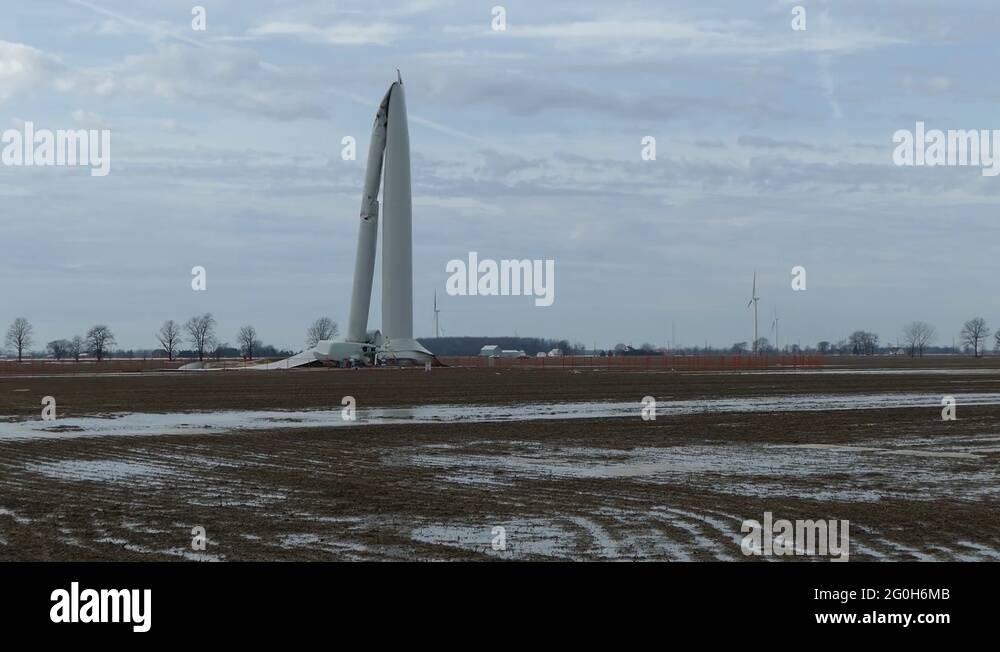 Wind energy farm turbine destroyed and collapsed from structural ...