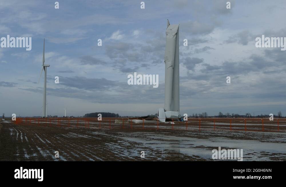 Wind energy farm turbine destroyed and collapsed from structural ...
