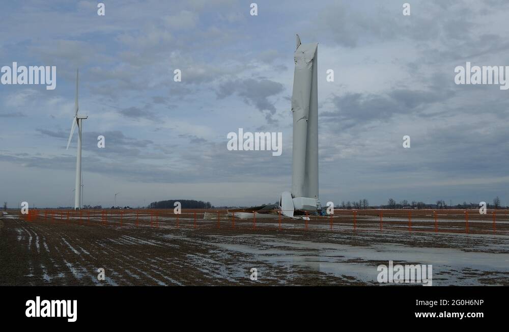 Wind energy farm turbine destroyed and collapsed from structural ...