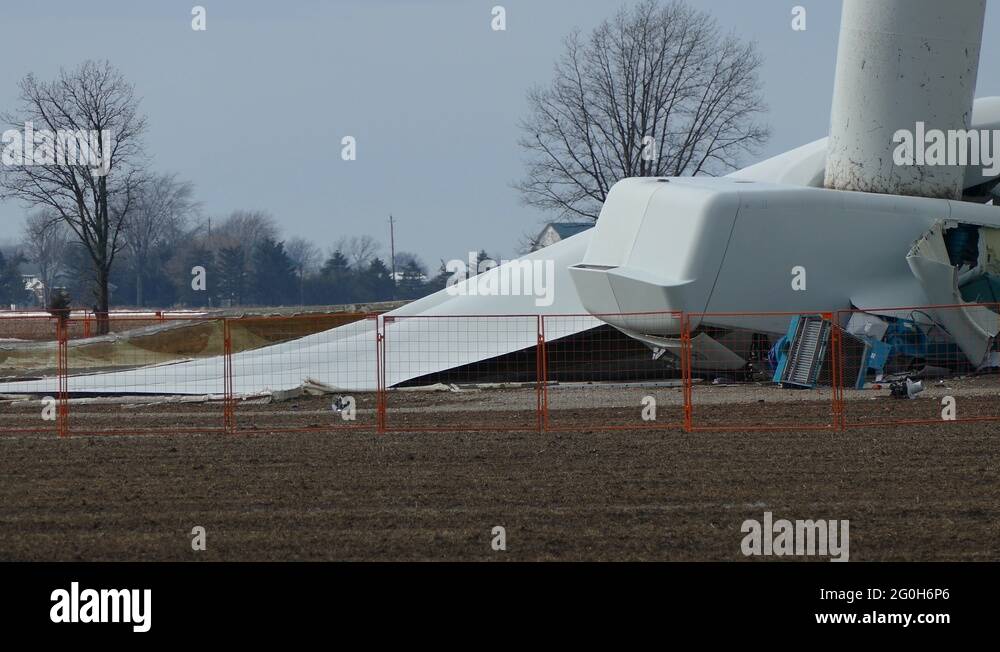 Wind energy farm turbine destroyed and collapsed from structural ...