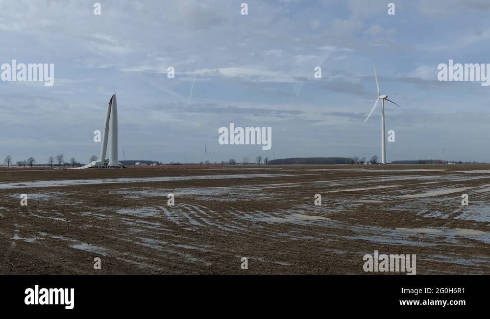 Wind energy farm turbine destroyed and collapsed from structural ...