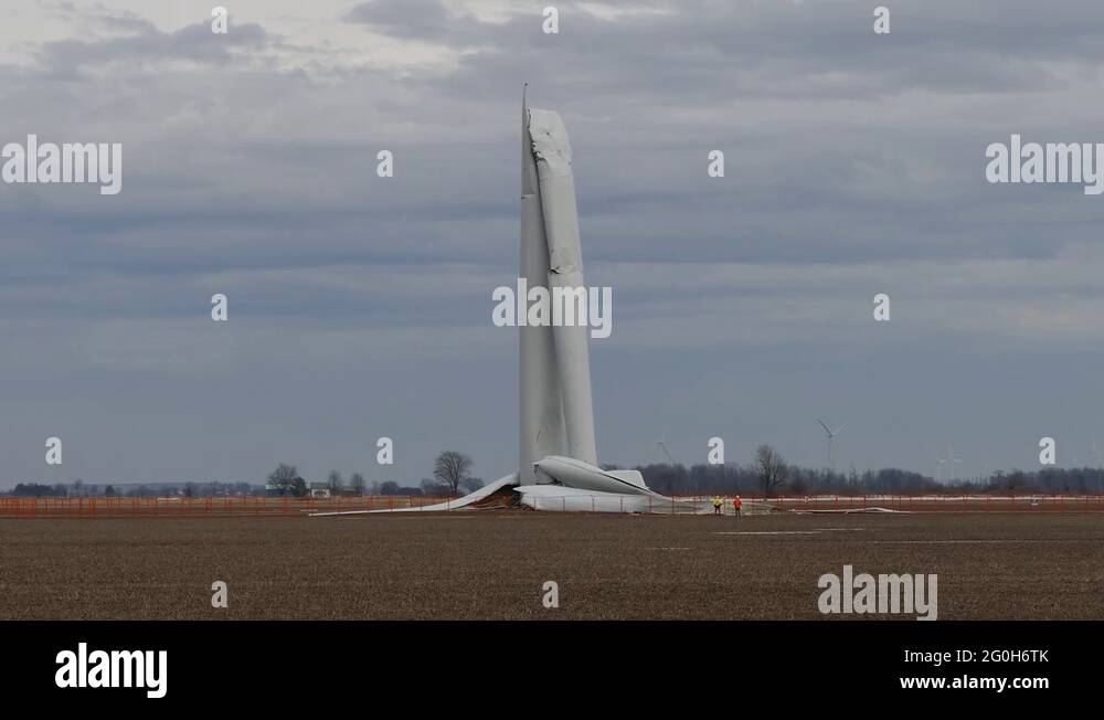 Wind energy farm turbine destroyed and collapsed from structural ...