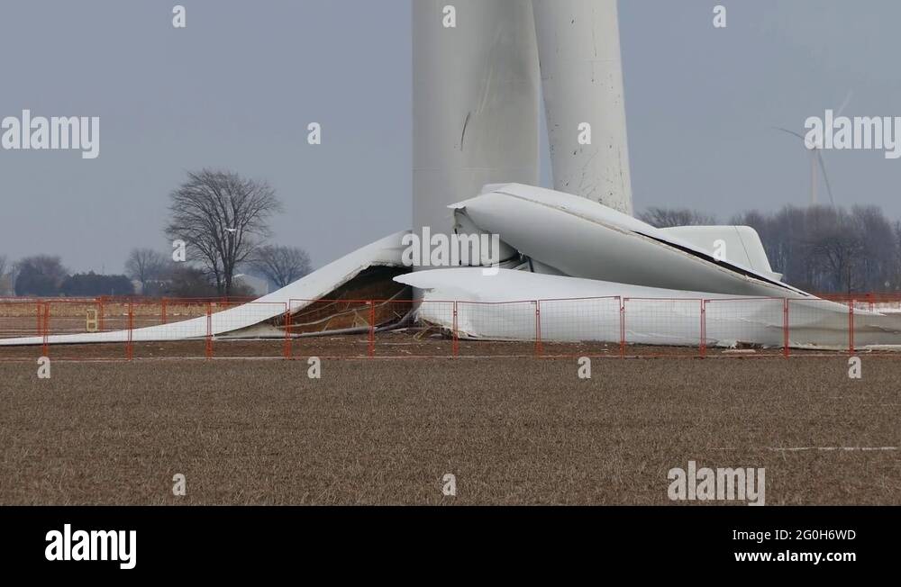 Wind energy farm turbine destroyed and collapsed from structural ...