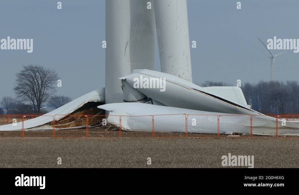 Wind energy farm turbine destroyed and collapsed from structural ...