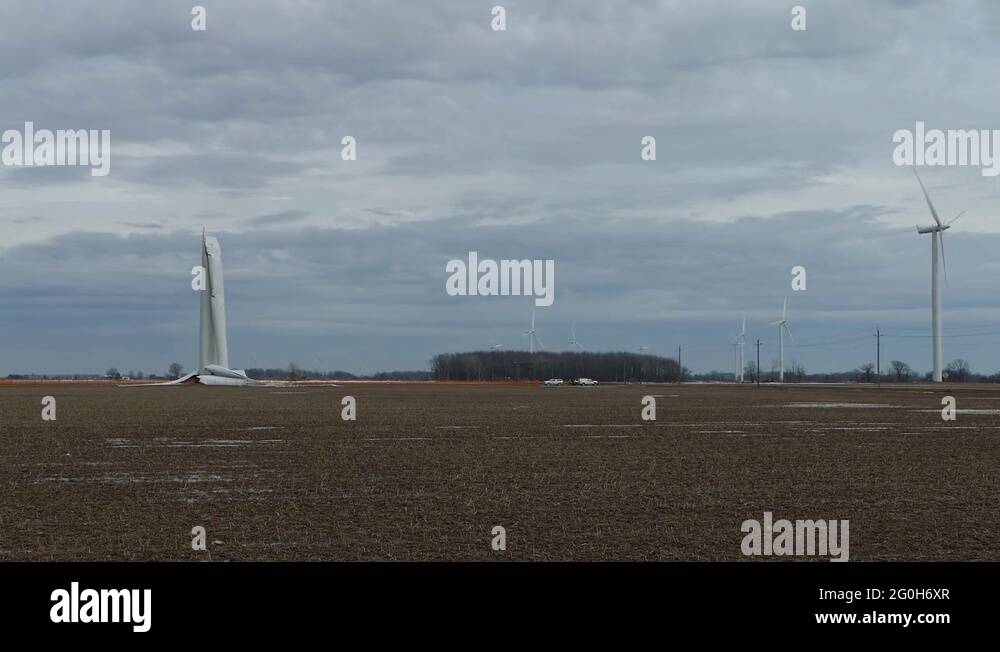 Wind energy farm turbine destroyed and collapsed from structural ...