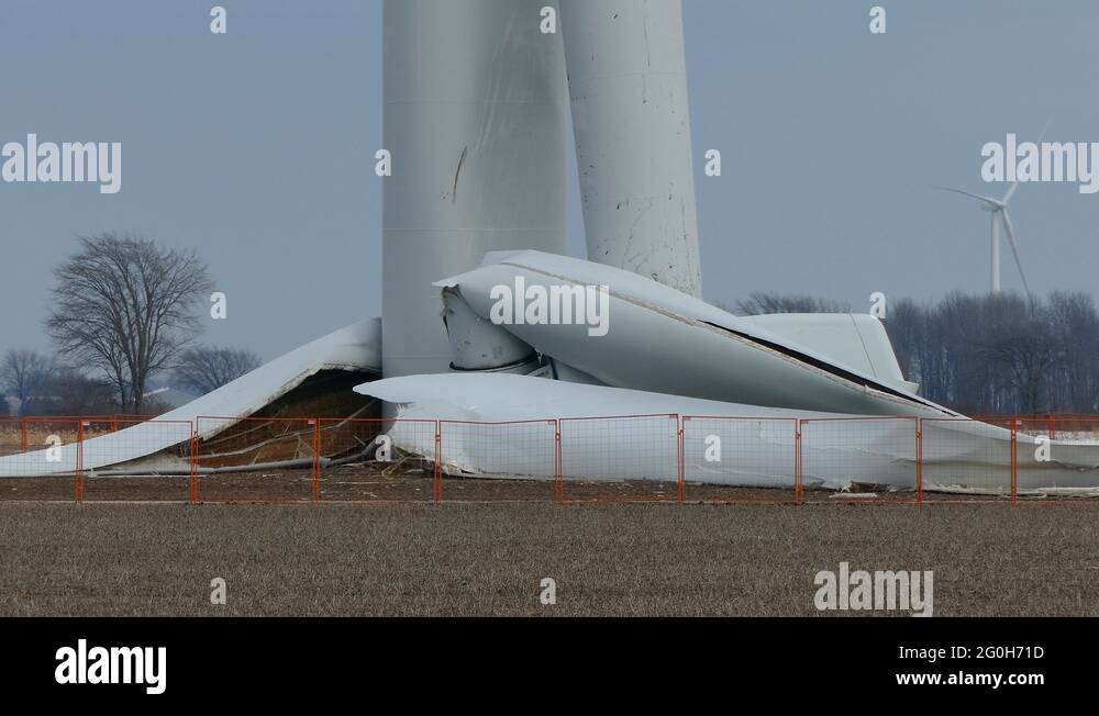 Wind energy farm turbine destroyed and collapsed from structural ...