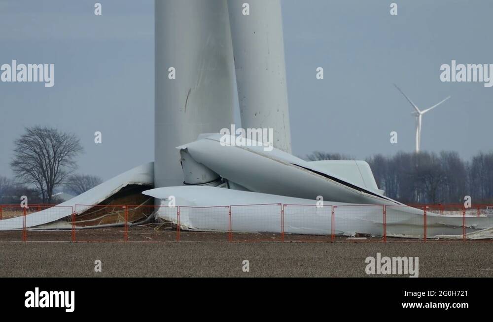 Wind energy farm turbine destroyed and collapsed from structural ...
