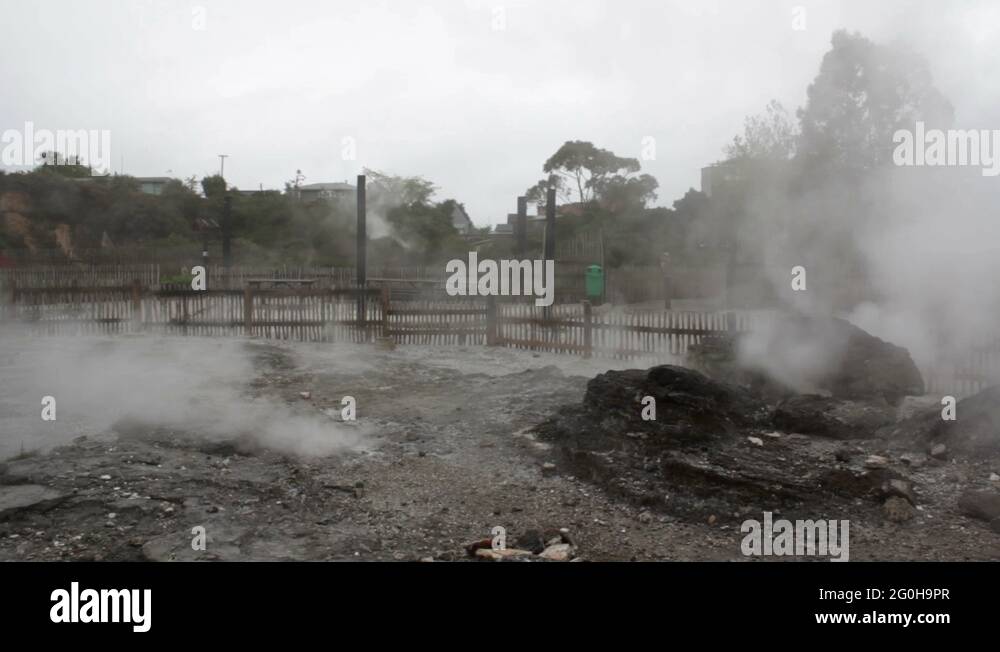 Geothermal Steam Flows from the ground, Maori Village Stock Video ...