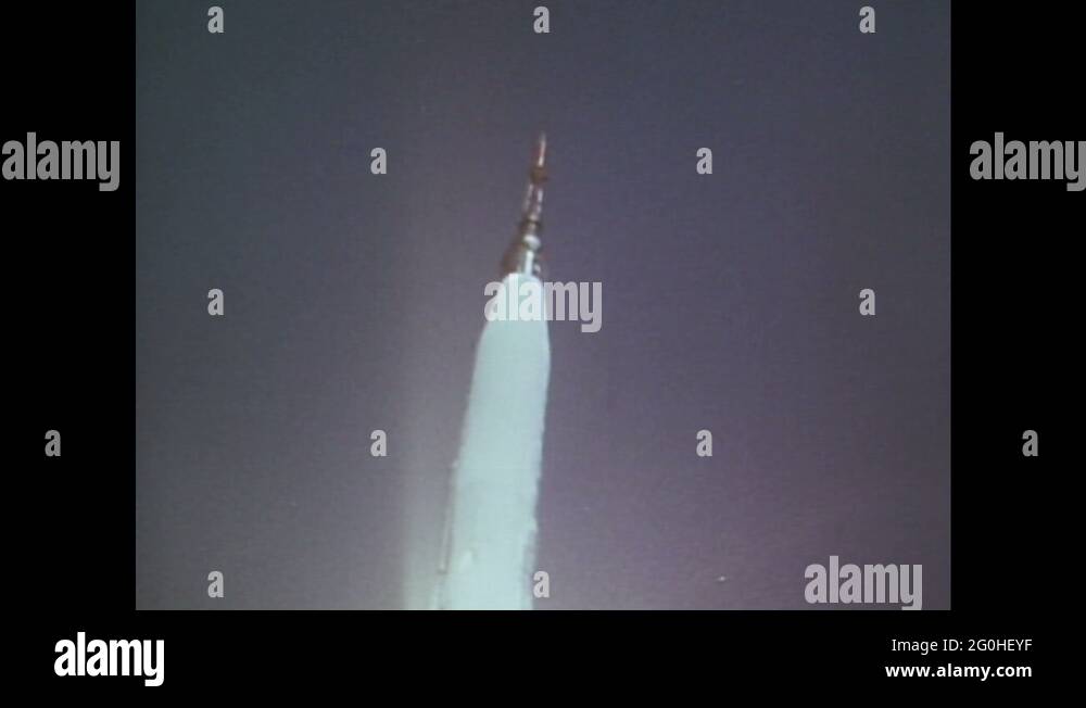 1960s: Space rocket flies in the sky. Space shuttle launch. Space ...