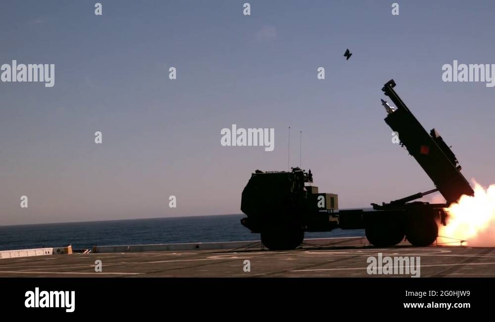 Slow motion of HIMARS being launched from the deck of USS Anchorage ...