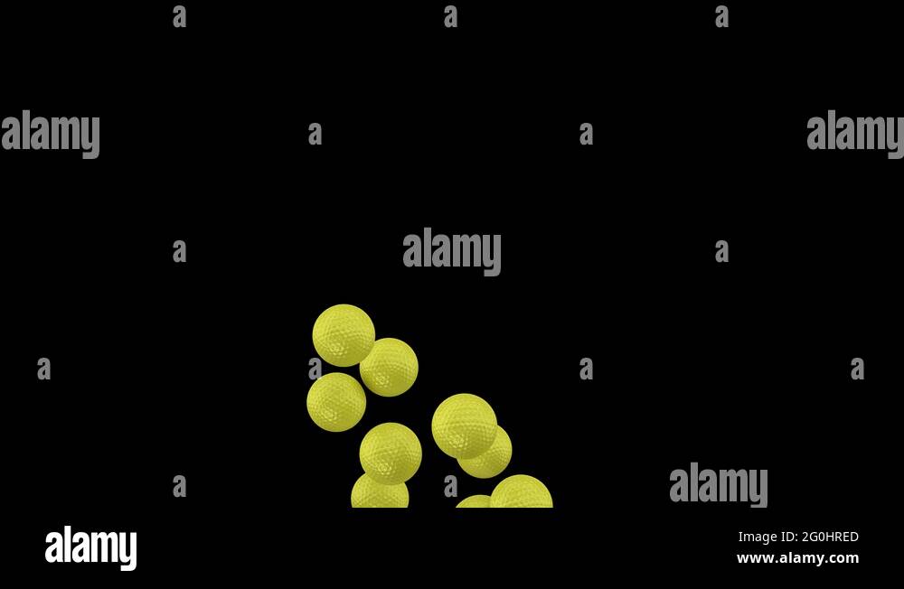 Animated exploding and flying toward camera yellow golf balls in slow ...