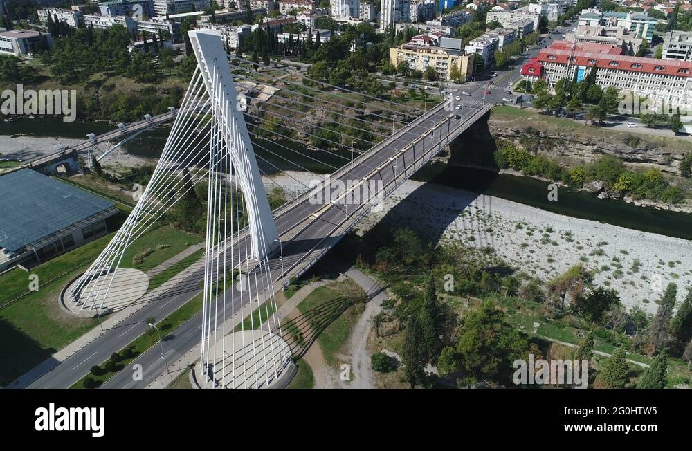 Modern Millennium bridge spanning the Moraca river in Podgorica ...