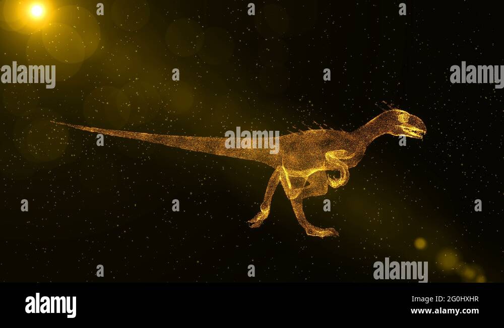 Velociraptor, prehistoric extinct dinosaur running through particles ...