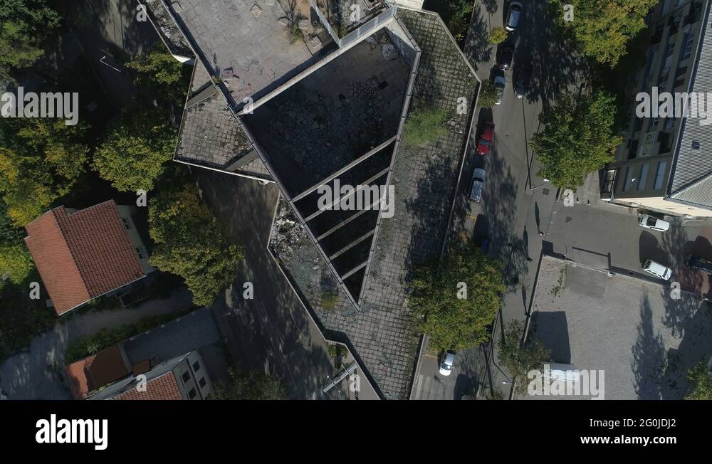 Overhead drone shot of infamous sniper tower building in Mostar, Bosnia ...