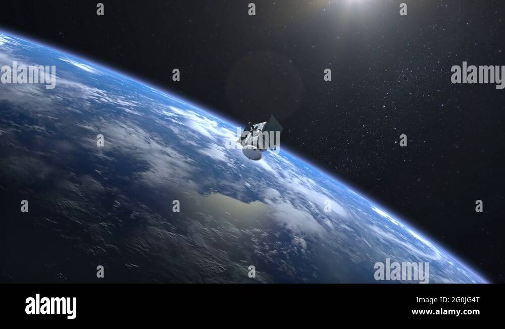 Flying satellite scan and monitor the Earth. The satellite opens solar ...