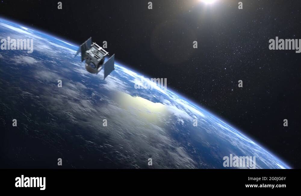 Flying satellite. The solar panel opens. The satellite appears in the ...