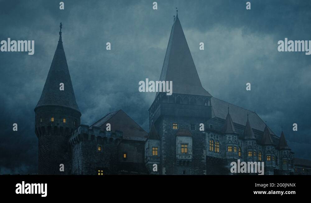 Medieval Castle in Transylvania on a stormy night - tilt down Stock ...