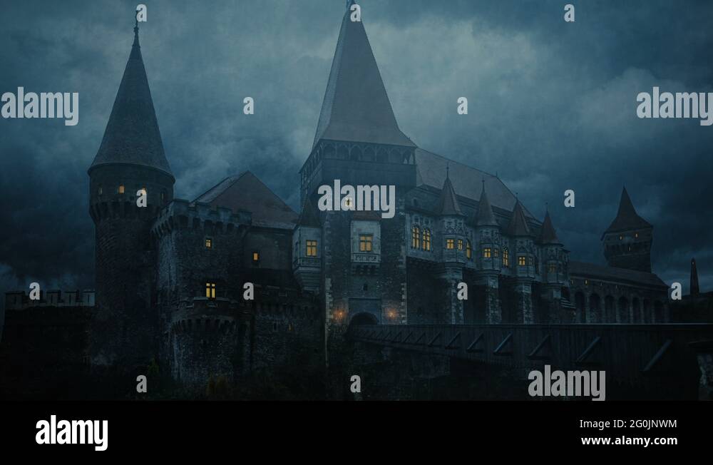 Medieval Castle in Transylvania on a stormy night - zoom in Stock Video ...