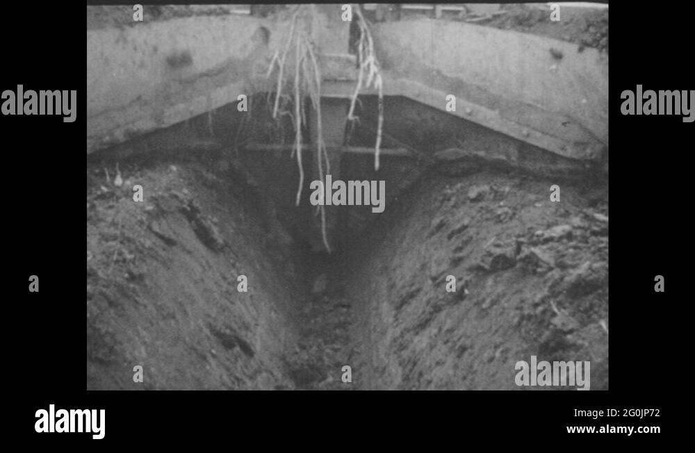 1940s: Machine wedges trench in dirt. Irrigation trench runs down field ...