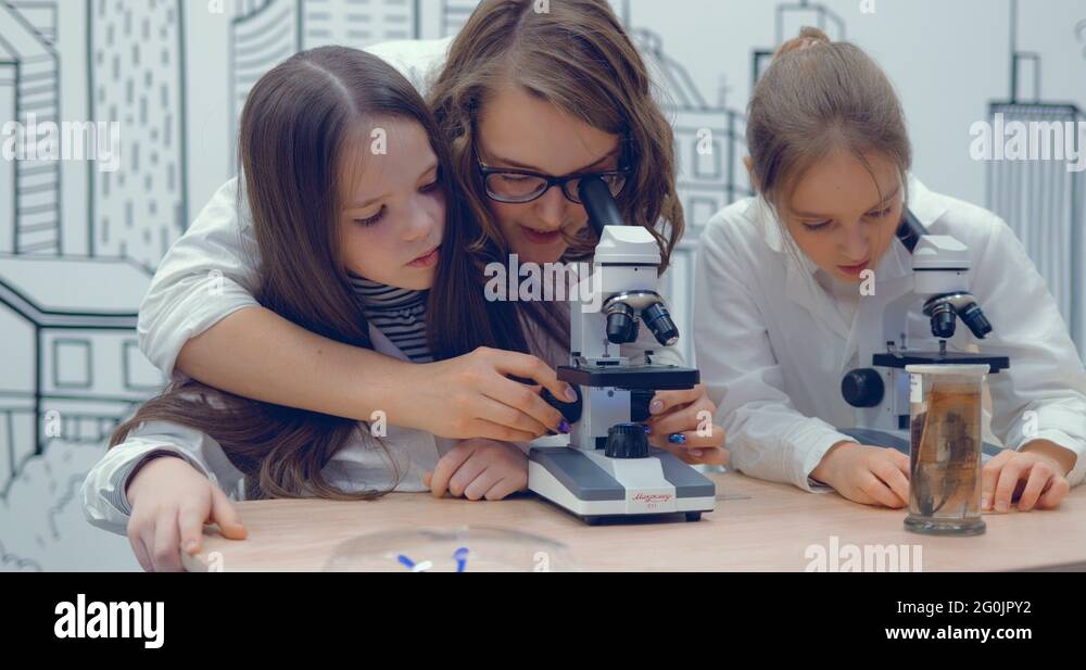 Teacher and students prepare a microscope, adjust the microscope for ...