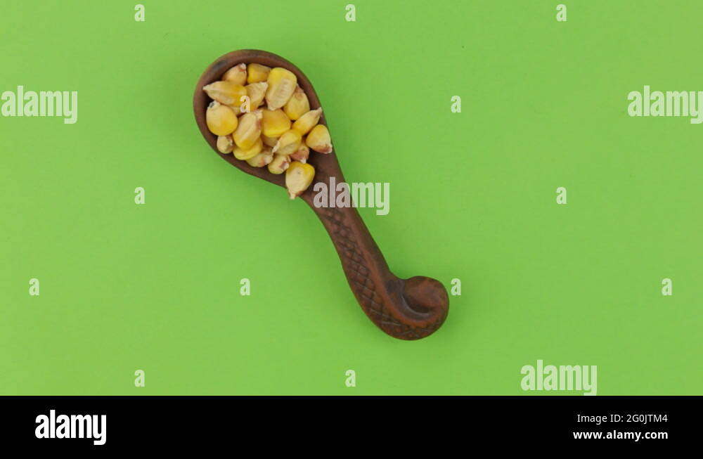 Rotation and approach of the spoon with corn grains, green screen Stock ...