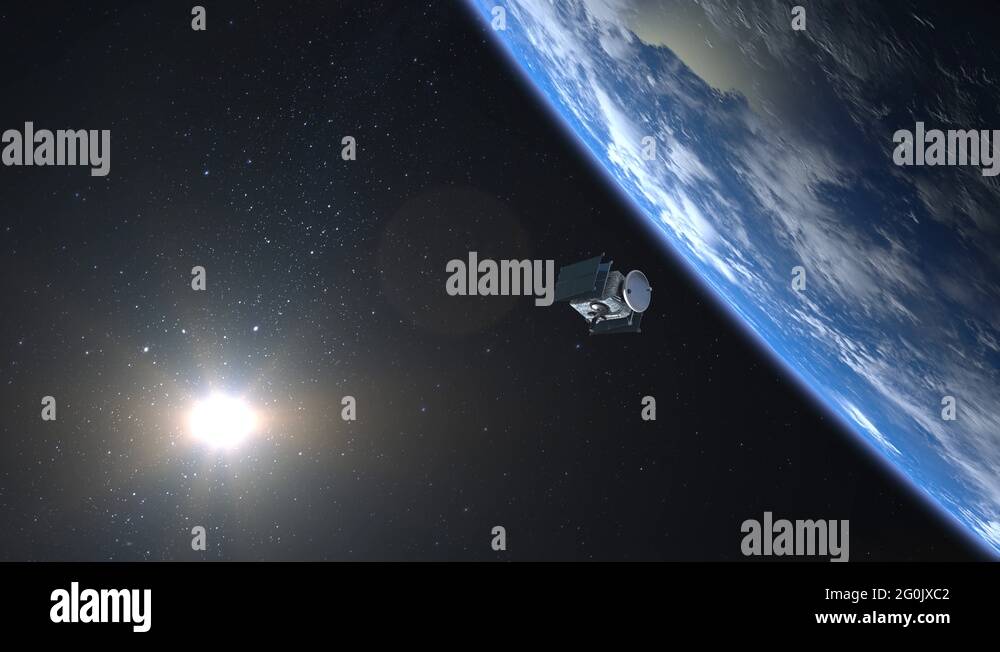 Flying satellite scan and monitor the Earth. The satellite opens solar ...