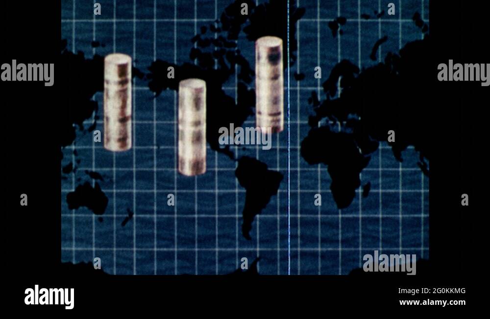 1970s: Animated cylinders appear over world map. Globe shows movement ...