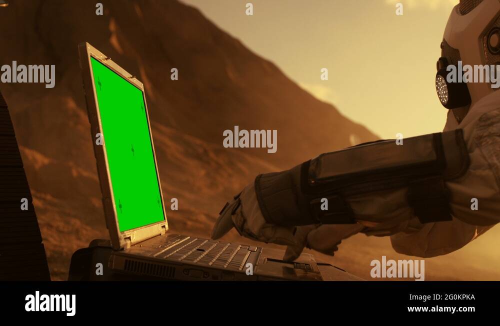Astronaut on the Alien Red Planet/ Mars Works on a Mock-up Green Screen ...