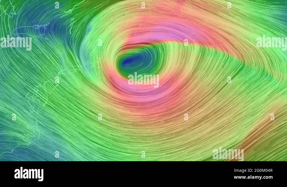 Wind fields on weather models on computer screen around cyclone and ...