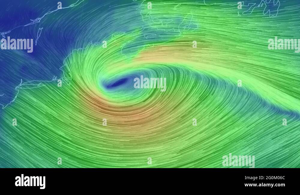 Wind fields on weather models on computer screen around cyclone and ...