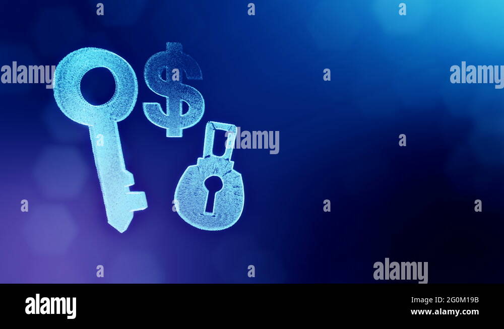 dollar sign and emblem of lock and key. Finance background of luminous ...
