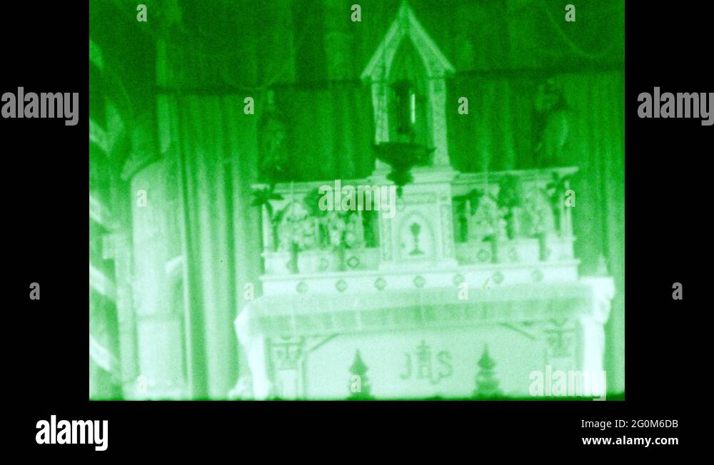 1930s: Altar inside church, priest. Sign for South Seas, boat ...