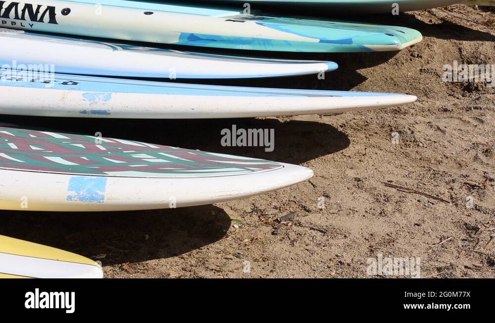 Paddle boards lay in the sand on a beach as the camera tilts up and a ...