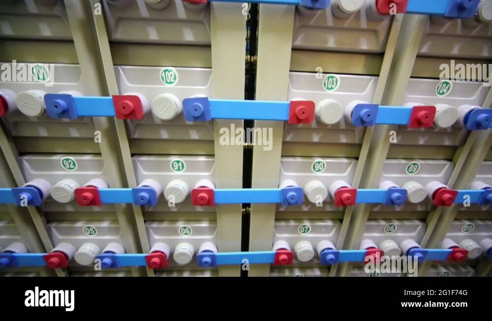 Rack with accumulator batteries of backup power system Stock Video ...