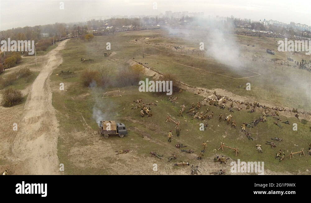 Reconstruction of military scene period 1943 WW2 , Ukraine. Aerial 40 ...