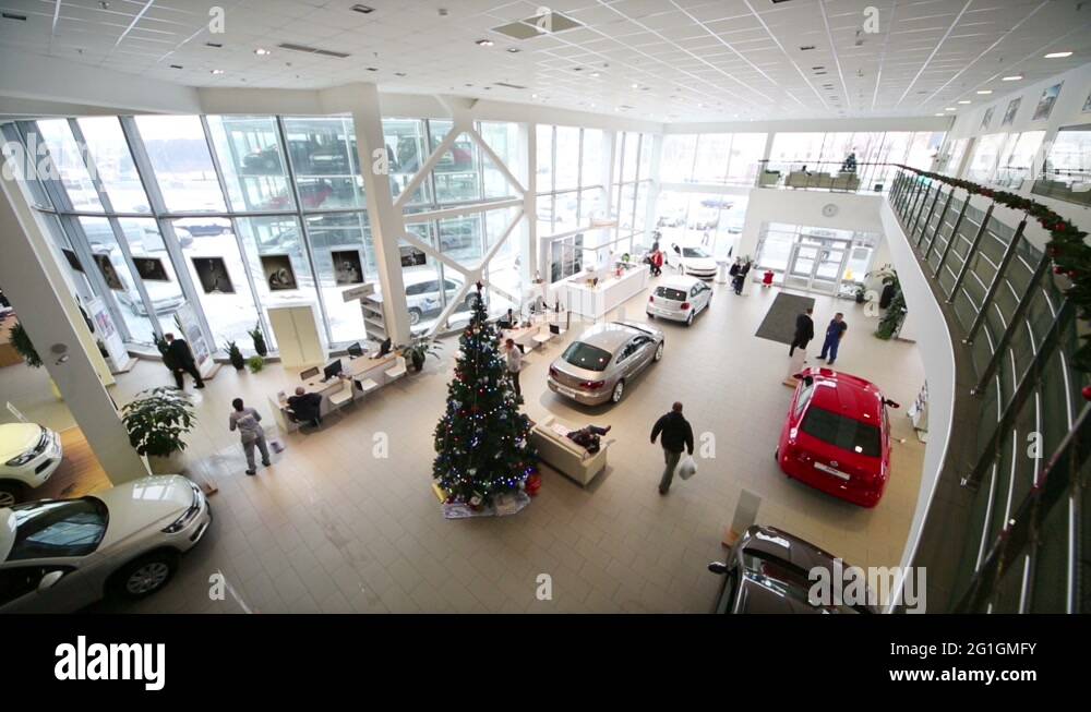foyer with reception and cars of Volkswagen Varshavka Center Stock ...