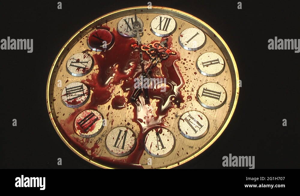 blood dripping on a clock face. hour hands rotate in opposite ...