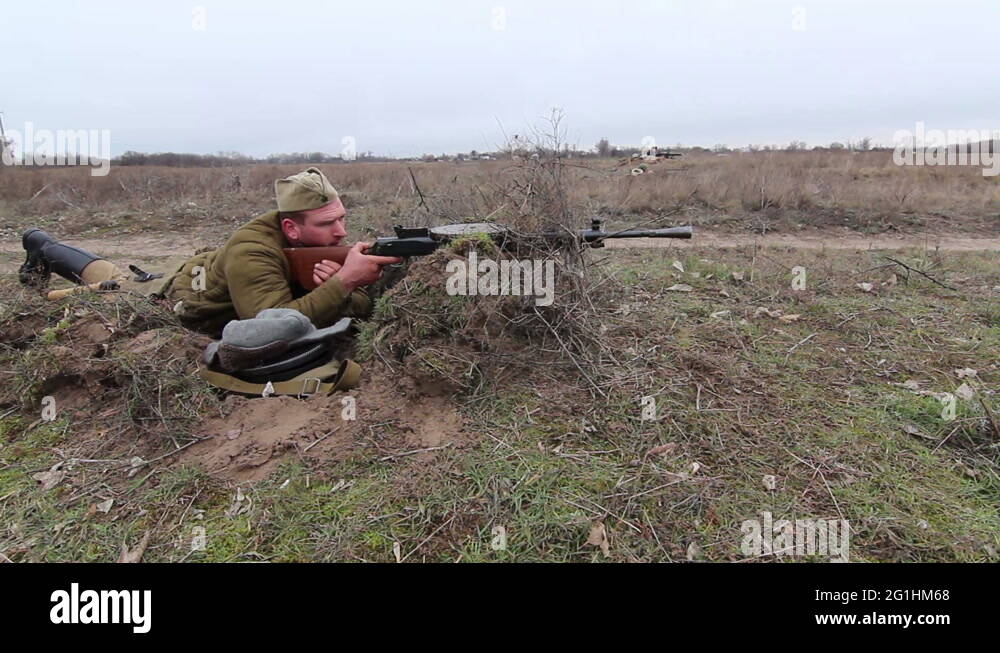 Soviet soldiers are kept defenses. WW2 reconstruction Stock Video ...