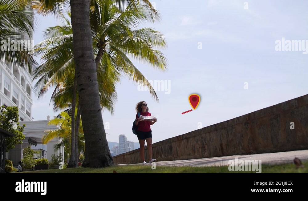 Tourist Woman Going to Destinationwith Map and Animation Map Icons ...