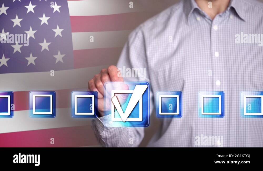 Male hand touching a vote checkbox on USA flag background Stock Video ...