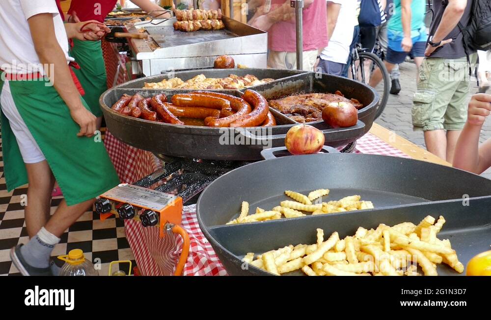 Grilled meat. Food market. Street food. Fast food Stock Video Footage ...