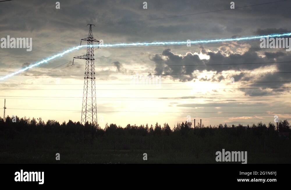 Animation of electricity energy on power lines. Hot wire Stock Video ...