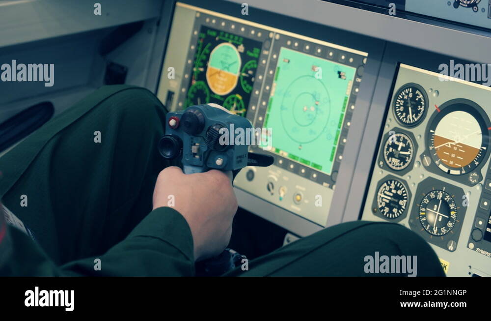 Pilot by joystick controls the helicopter, airplane or other flying ...