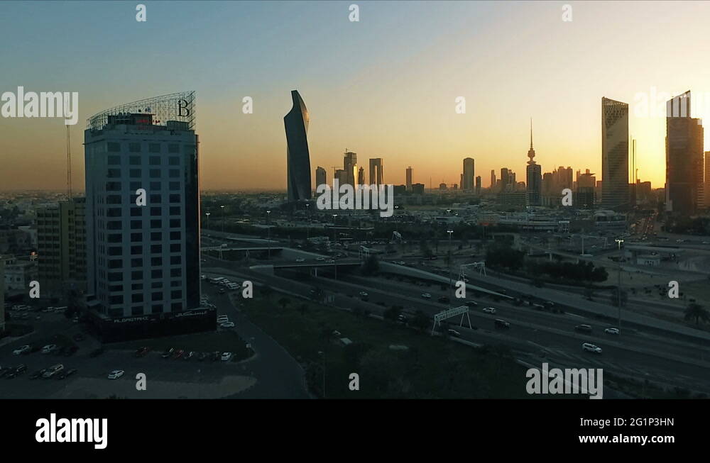 Kuwait skyline at sunset. Some famous places in Kuwait shooting from ...