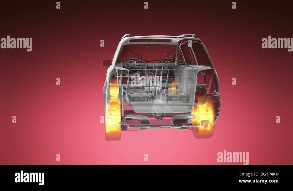 loop car rotate. visible engine and gear transmission. wheels with glow ...
