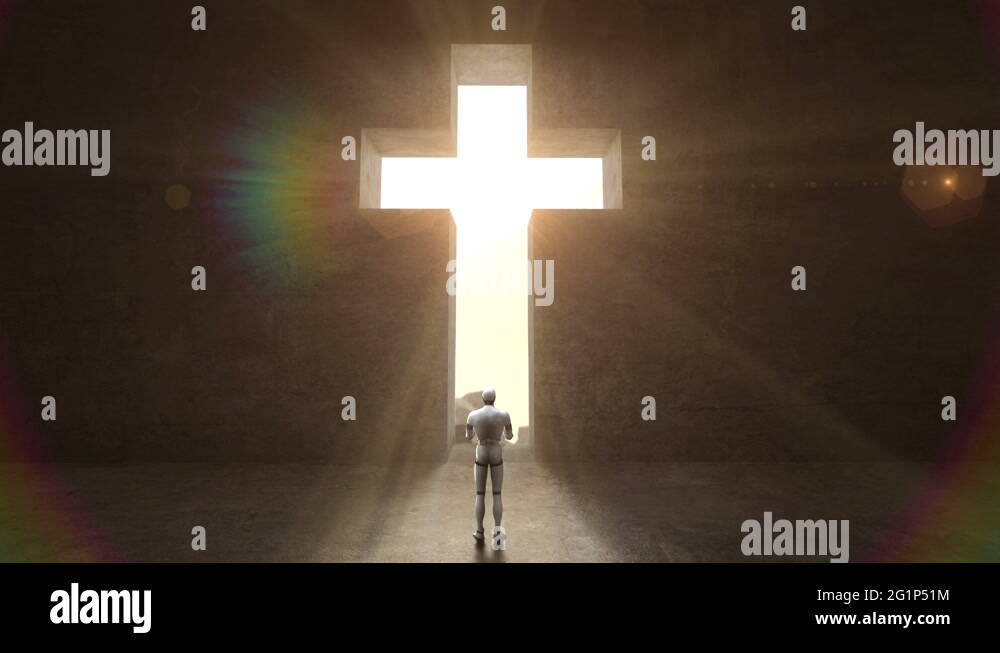 Robot, cyborg walking through shape of cross on the black wall Stock ...