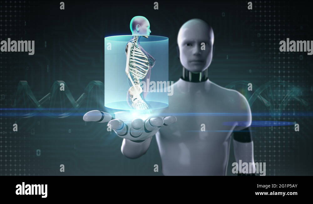 Robot open palm, front Female body and scanning skeletal structure ...