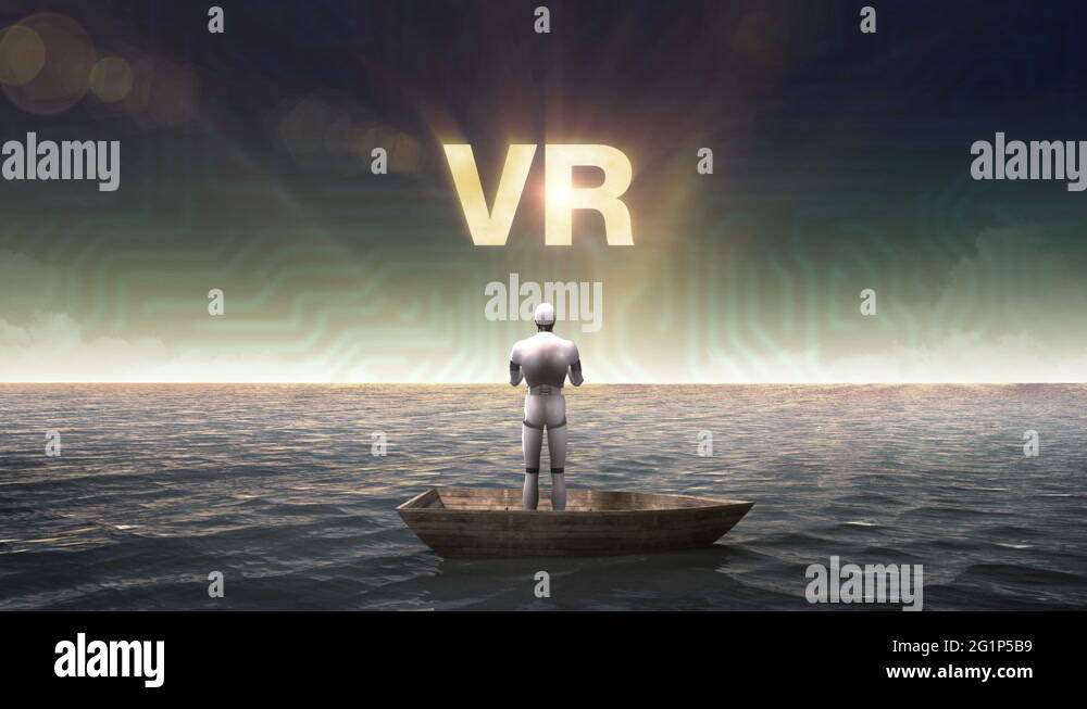 Rising typo 'VR', front of Robot, cyborg on a ship, in the ocean, sea ...