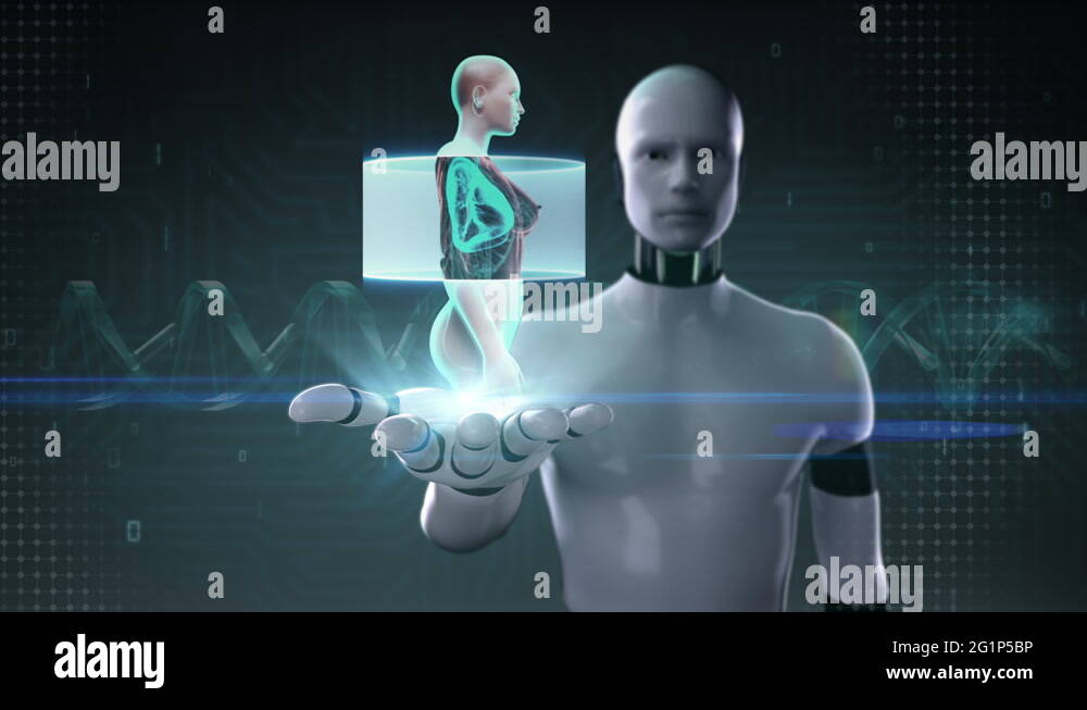 Robot cyborg open palm, Scanning body. Rotating Human Female lungs ...